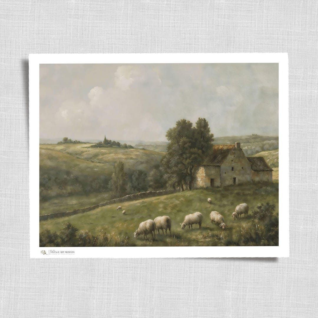 Medieval British Pasture Wall Art Print - Antique Countryside Landscape ...