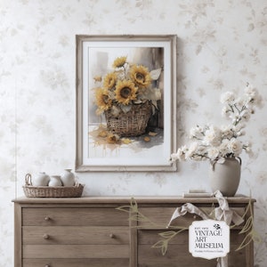 Sunflowers in a Rustic Basket Watercolor Wall Art Still Life Vintage ...