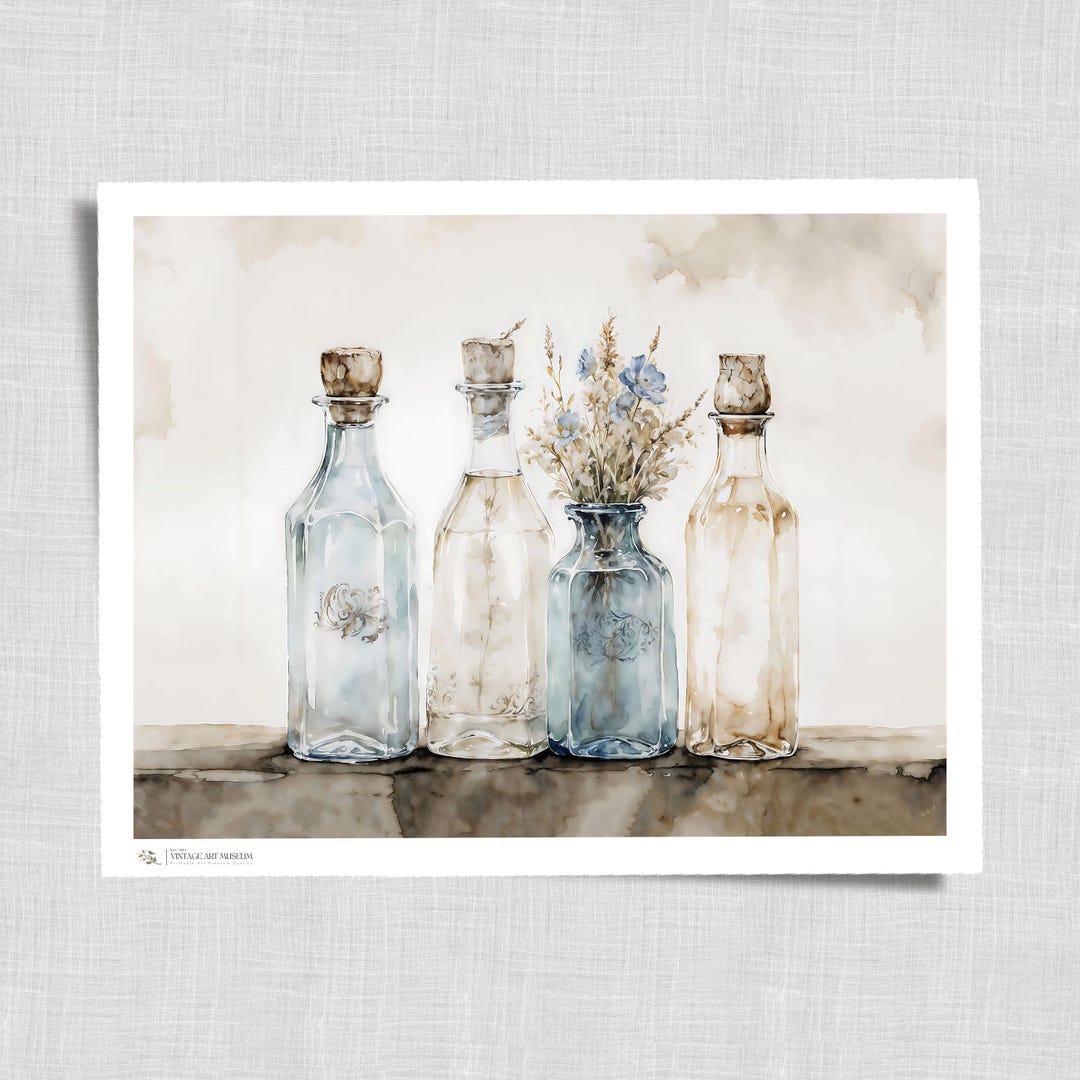 Glass Bottles Kitchen Wall Art - Rustic Watercolor Still Life Print ...
