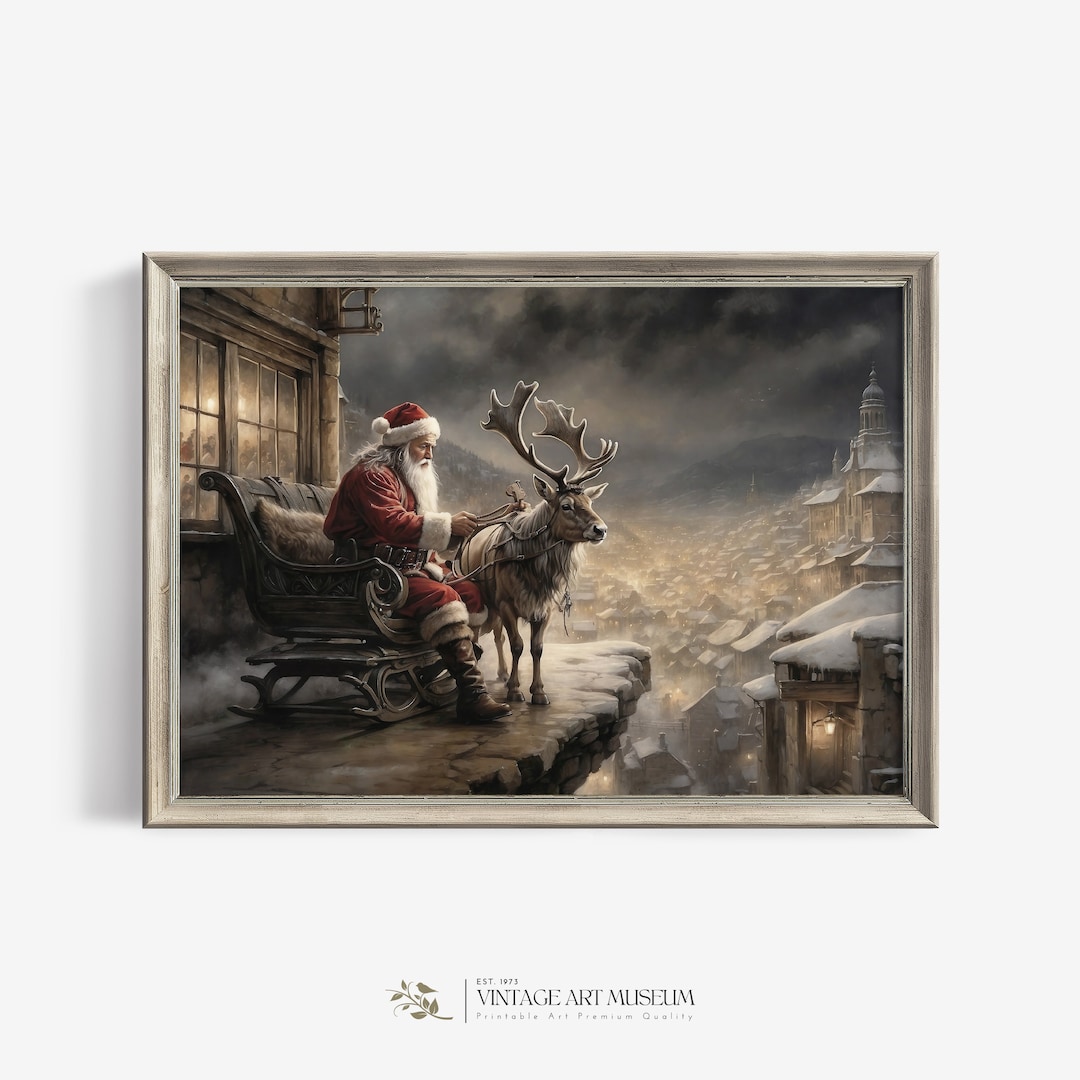 Santa Deer Art for Wall Art Printable Santa Claus Painting Christmas ...