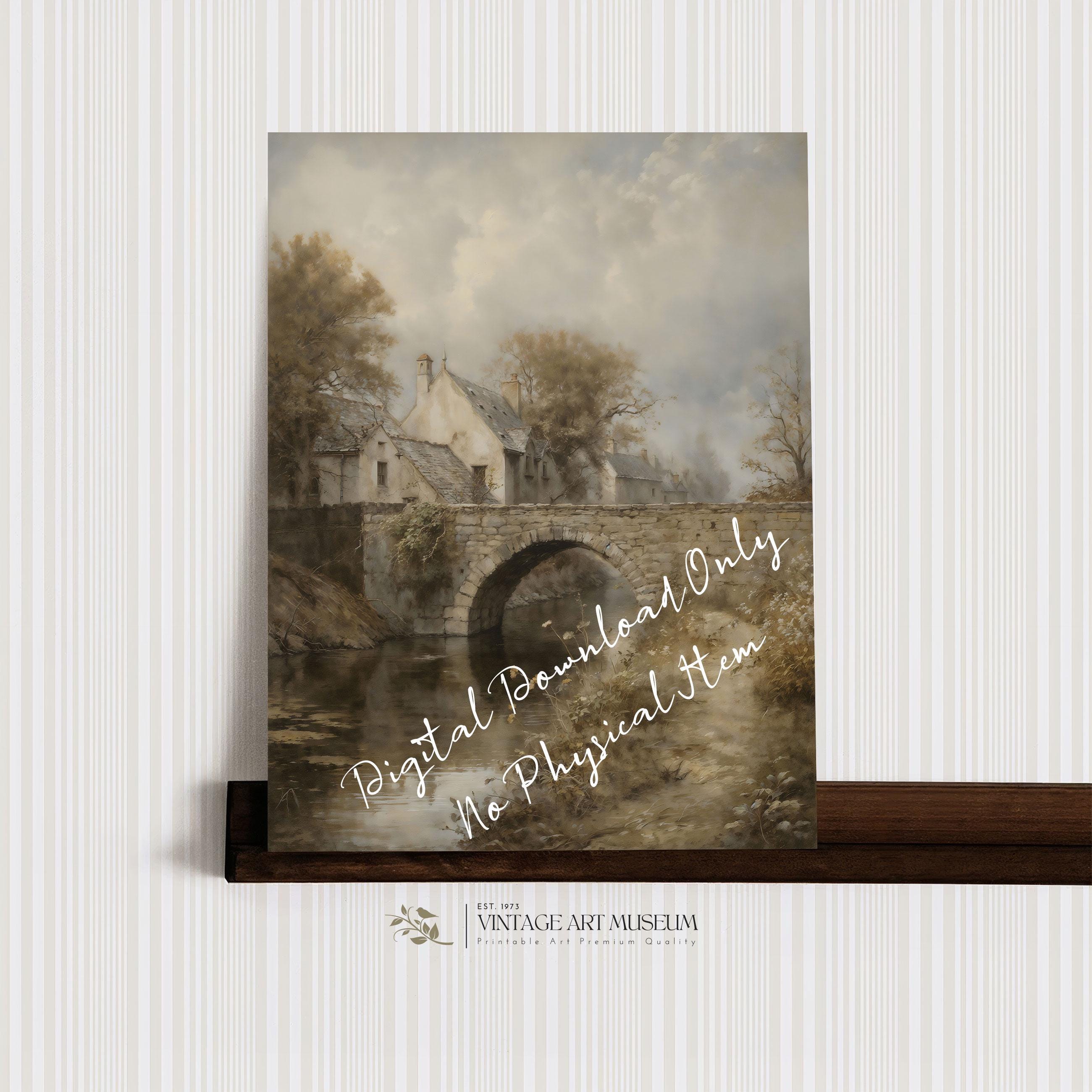 Antique Stone Bridge Painting: Rustic Village Landscape Print Warm ...