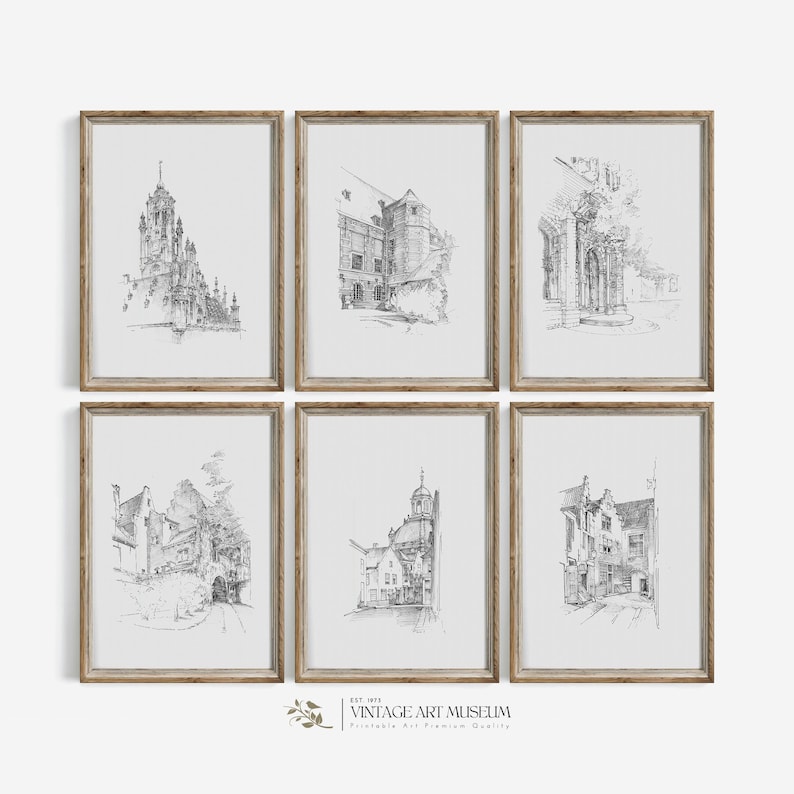 French Country Architecture Sketch Prints - Gallery Wall Set of 6 ...