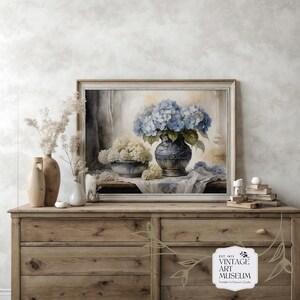Blue and White Hydrangea Still Life Vintage Watercolor Print Rustic Farmhouse Floral Wall Art ...