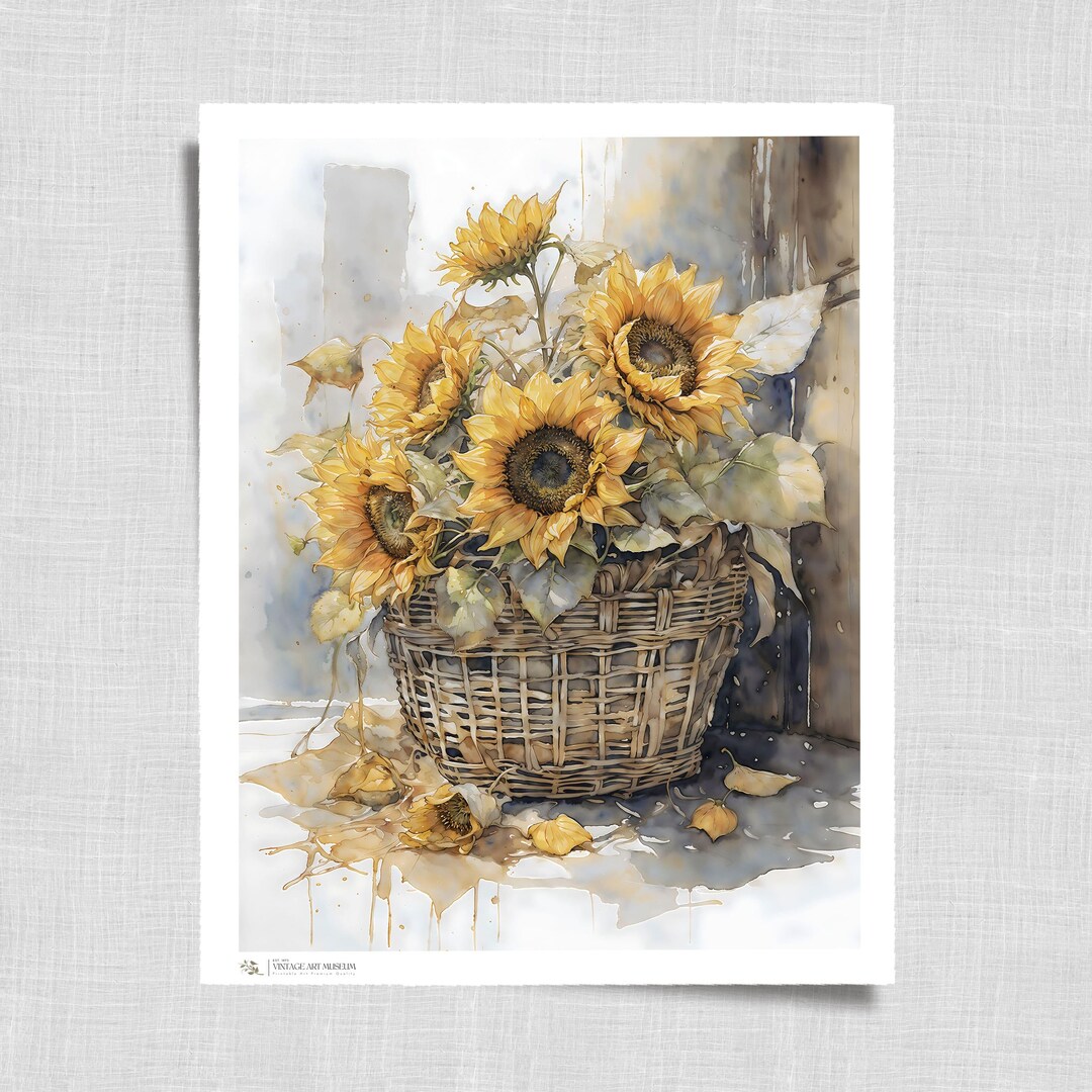 Sunflowers in a Rustic Basket Watercolor Wall Art - Still Life Vintage ...