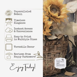 Sunflowers in a Rustic Basket Watercolor Wall Art Still Life Vintage ...