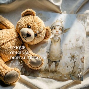 Thoughtful Little Elf Nursery Art Print - Watercolor Fairy in Vintage ...