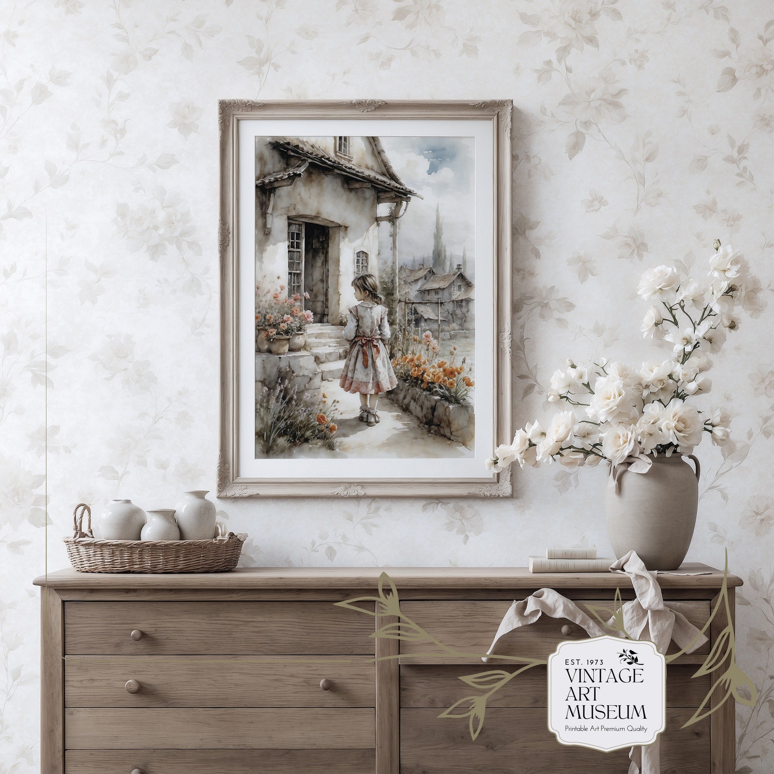 Vintage Little Girl in Spring: Watercolor Spring Scenery Print ...