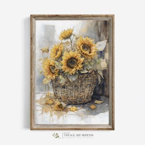 Sunflowers in a Rustic Basket Watercolor Wall Art - Still Life Vintage ...