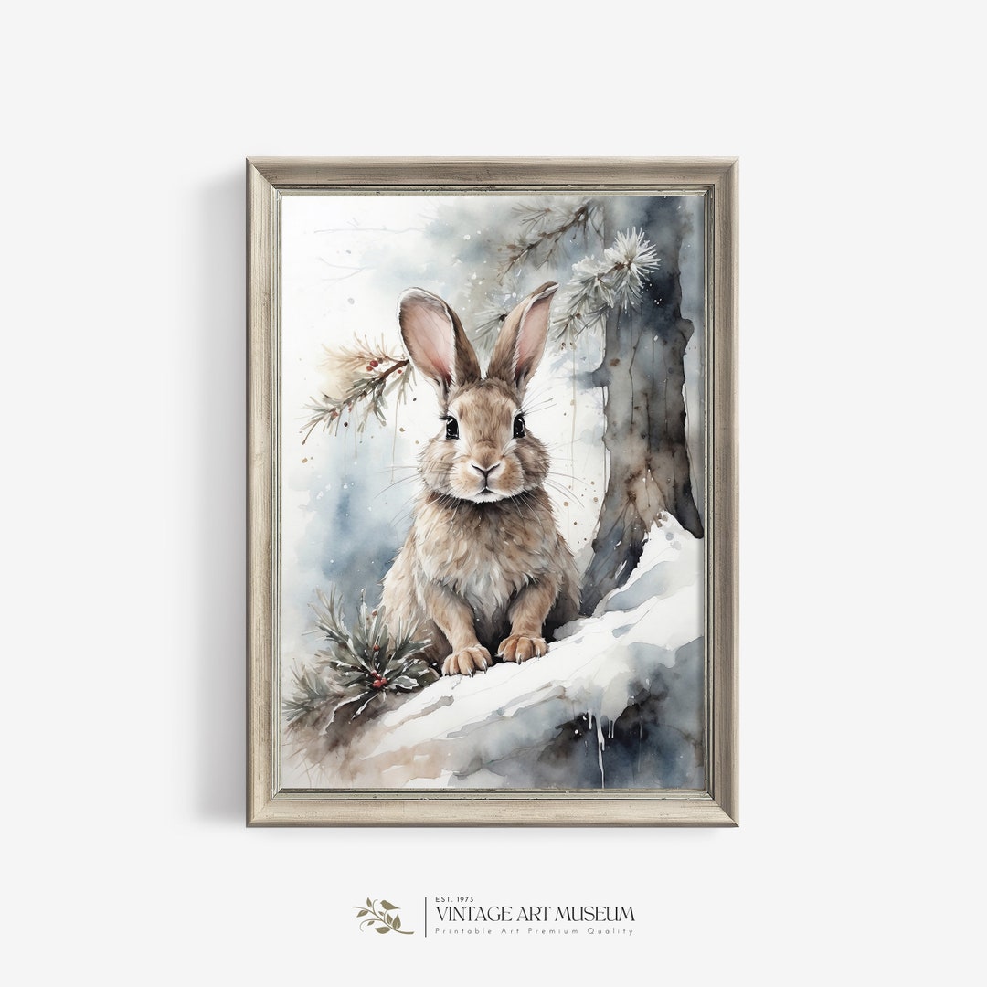 Christmas Bunny Wall Art Charming Vintage Rabbit Watercolor Painting ...