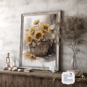 Sunflowers in a Rustic Basket Watercolor Wall Art Still Life Vintage ...