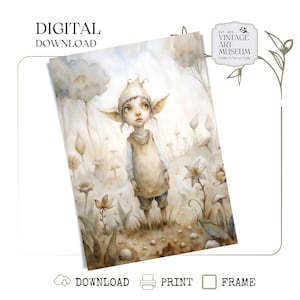 Thoughtful Little Elf Nursery Art Print, Watercolor Fairy in Vintage ...