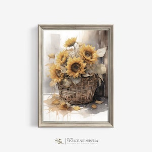 Sunflowers in a Rustic Basket Watercolor Wall Art Still Life Vintage ...