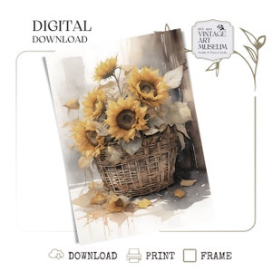 Sunflowers in a Rustic Basket Watercolor Wall Art Still Life Vintage ...