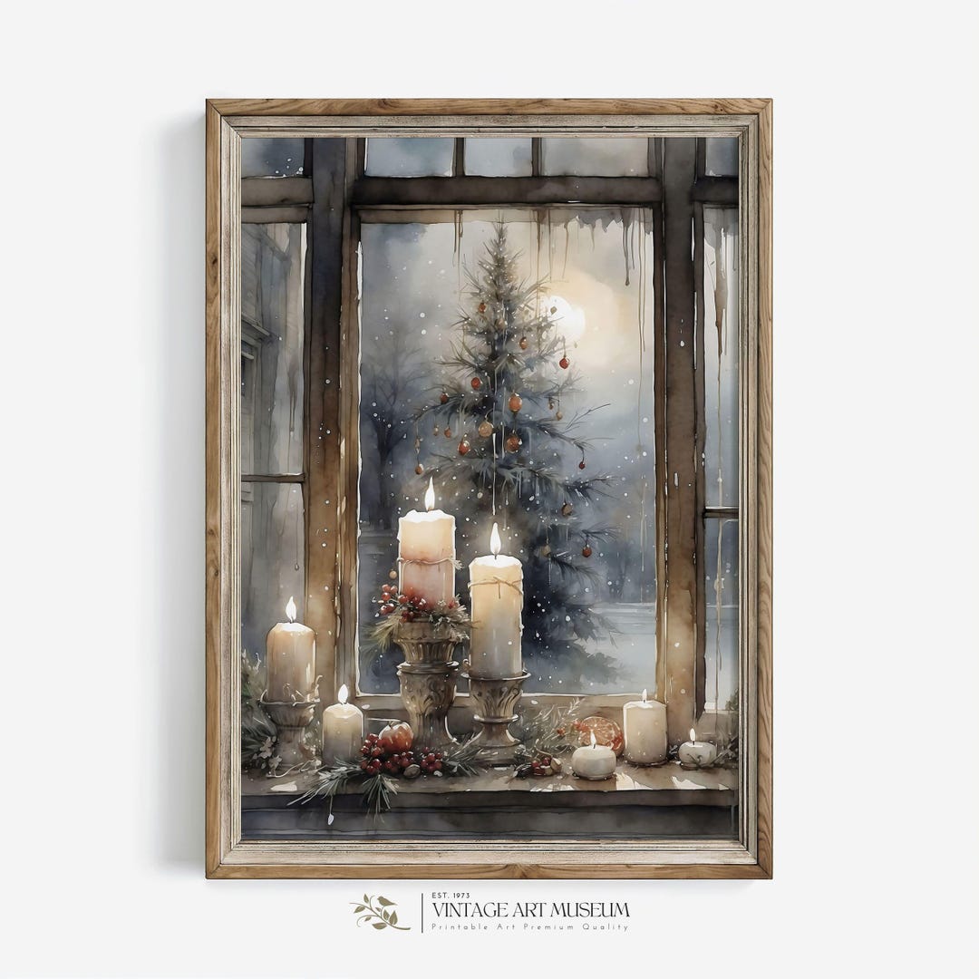 Rustic Christmas Wall Art Candles Painting, Printable Vintage Holiday ...
