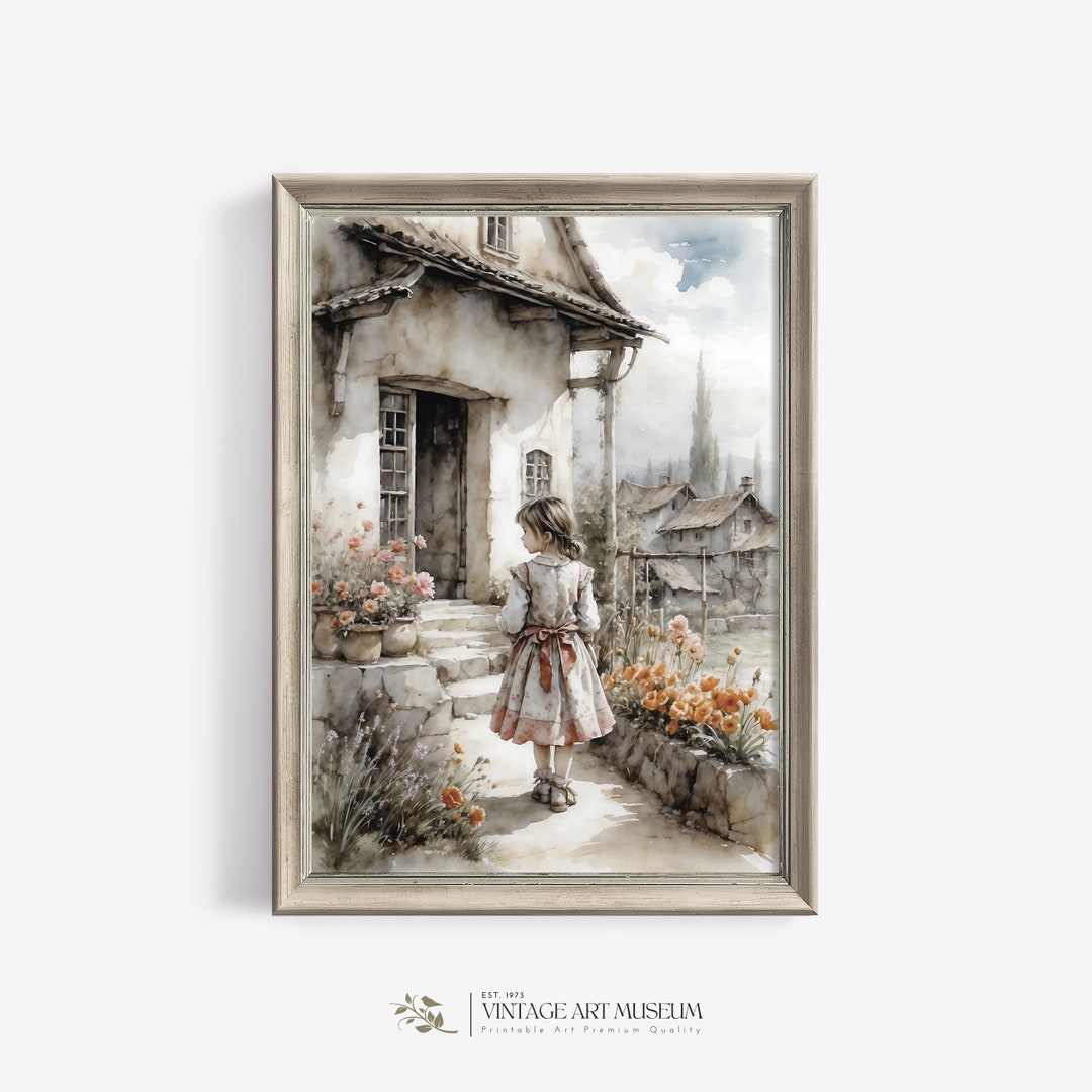 Vintage Little Girl in Spring: Watercolor Spring Scenery Print ...