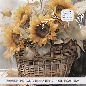 Sunflowers in a Rustic Basket Watercolor Wall Art Still Life Vintage ...