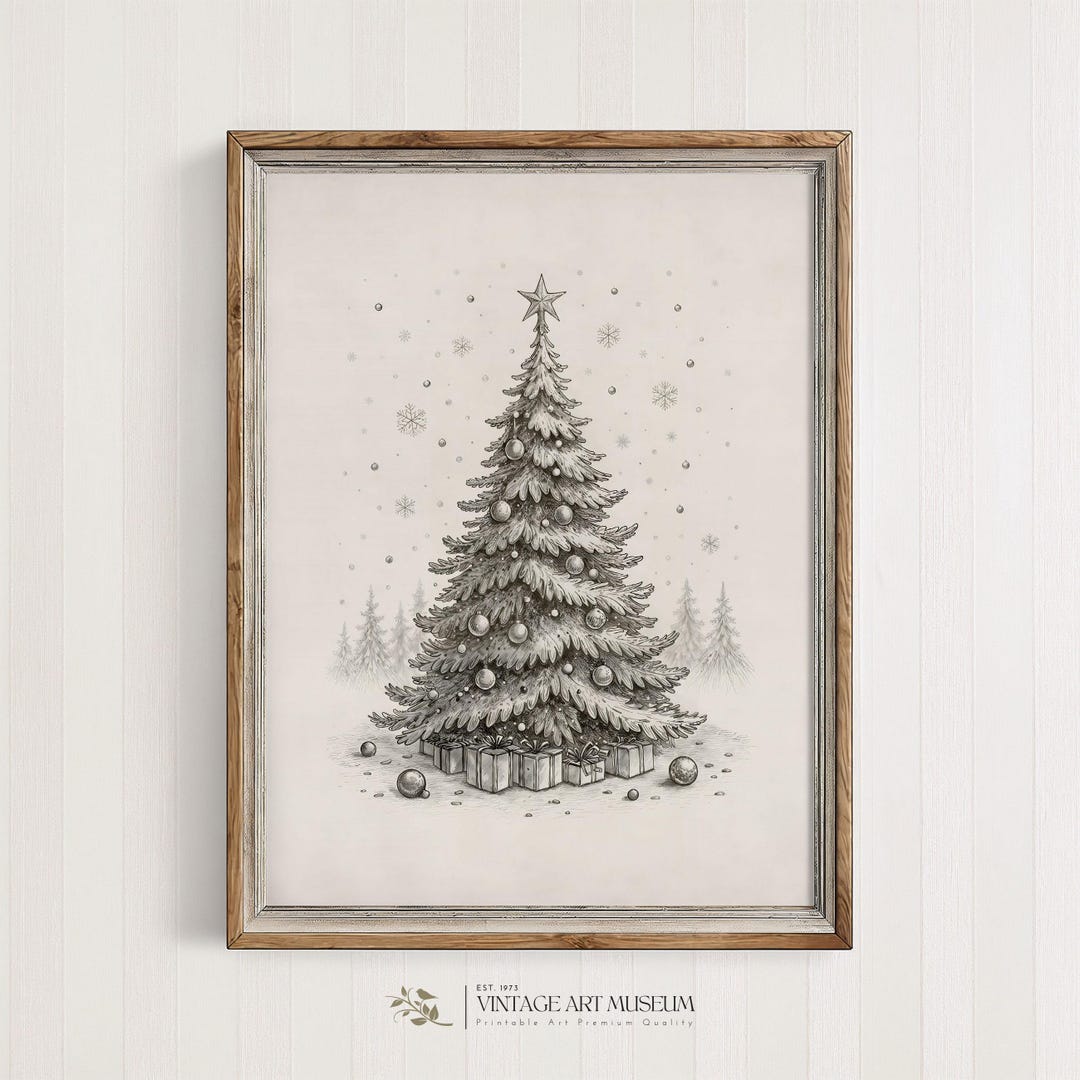 Rustic Christmas Tree Sketch: Vintage Holiday Pencil Drawing Print ...