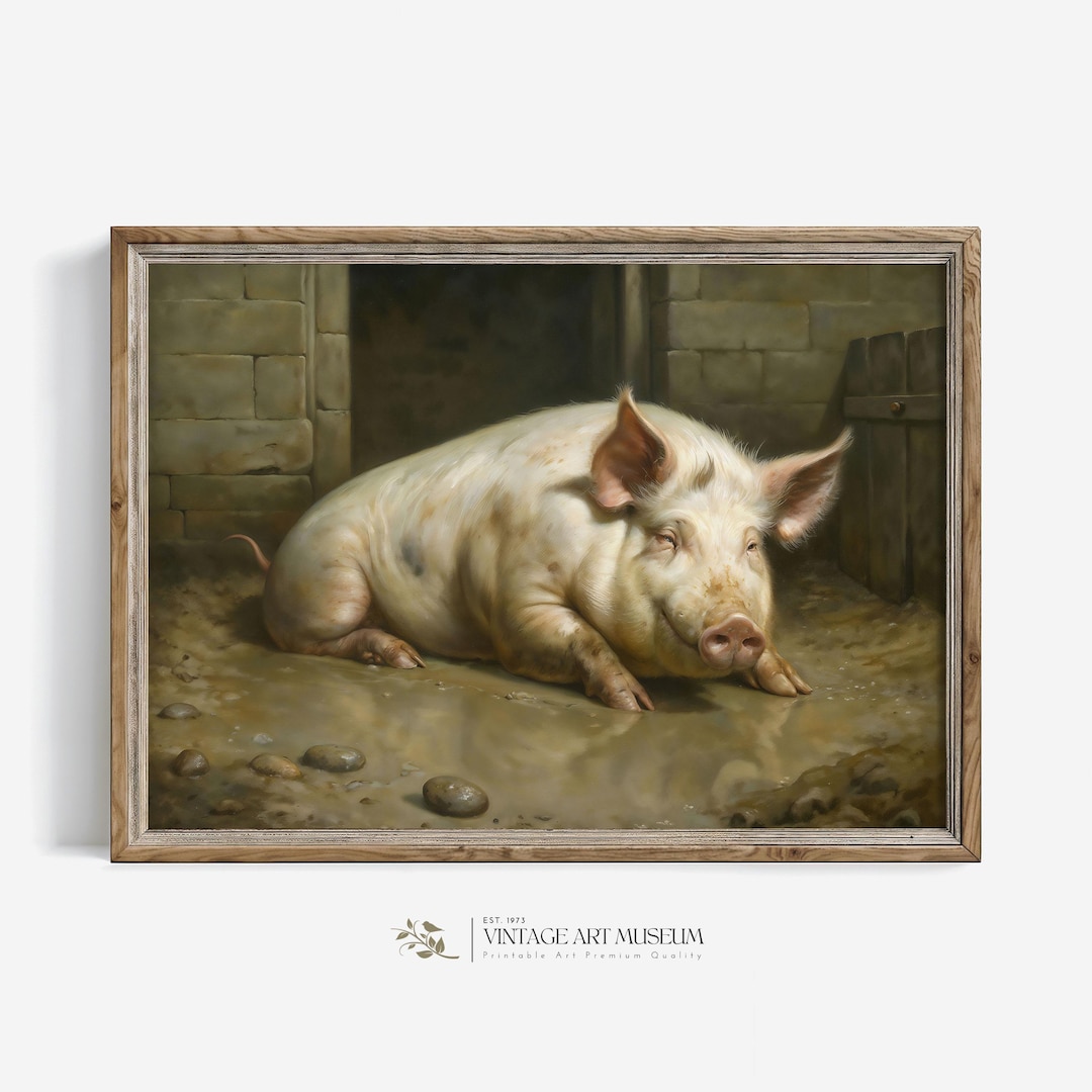 Farmhouse Pig in Mud Painting: Vintage Cottagecore Wall Art Print ...