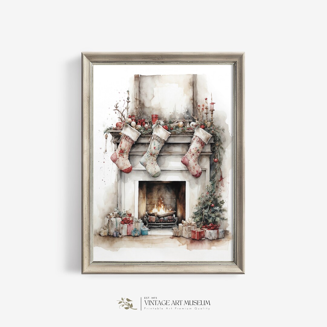 Christmas Fireplace Vintage Wall Art Digital Print Download for ...