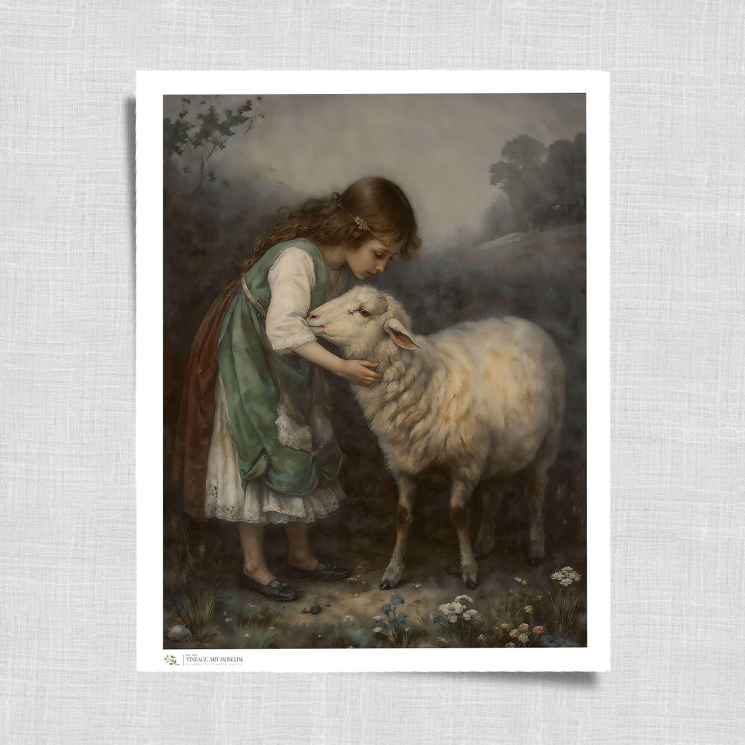 Little Shepherdess Print - Vintage Farm Animal Wall Art, Moody ...