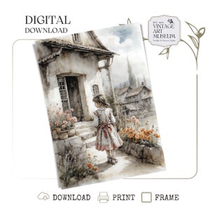 Vintage Little Girl in Spring: Watercolor Spring Scenery Print ...