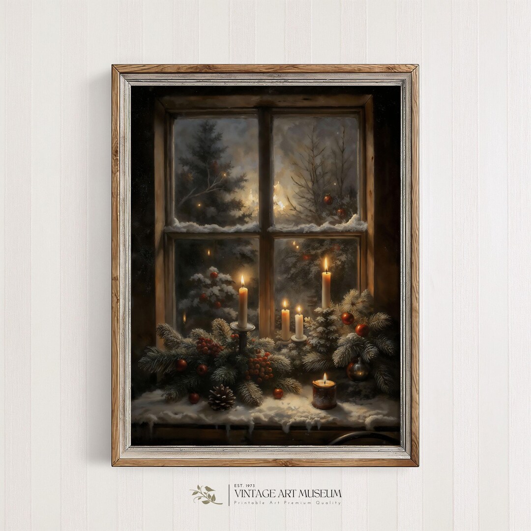 Christmas Night Window Still Life Art: Vintage Cottagecore Winter Print ...