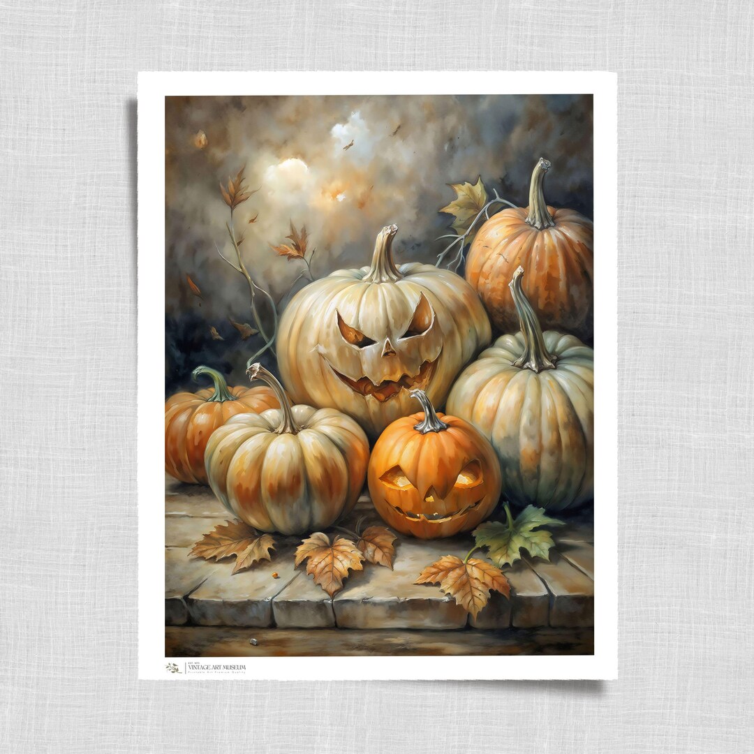 Halloween Wall Art Pumpkins Still Life, Large Vintage Style Print ...
