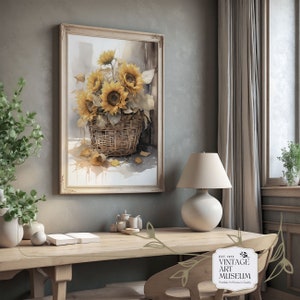 Sunflowers in a Rustic Basket Watercolor Wall Art Still Life Vintage ...