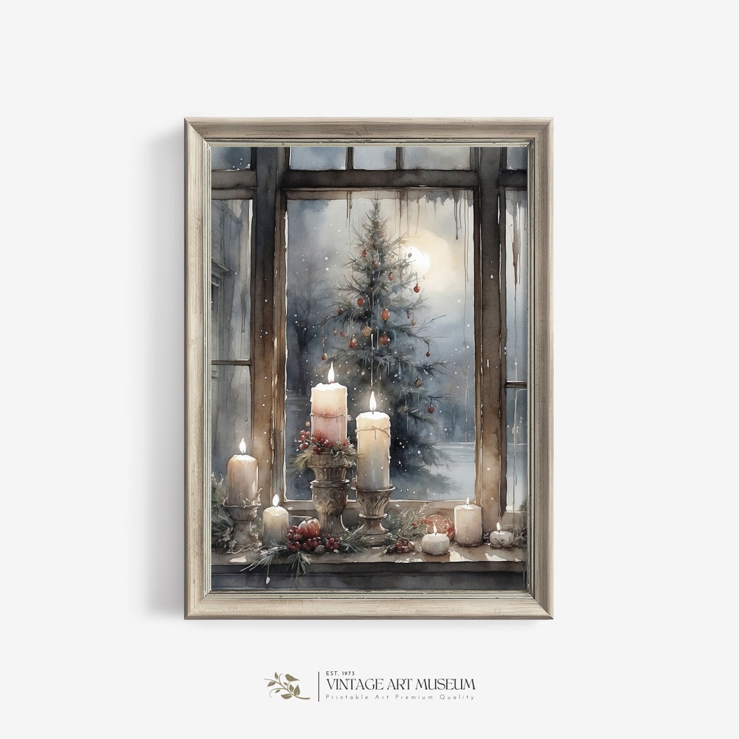 Rustic Christmas Wall Art Candles Painting Printable Vintage Holiday ...