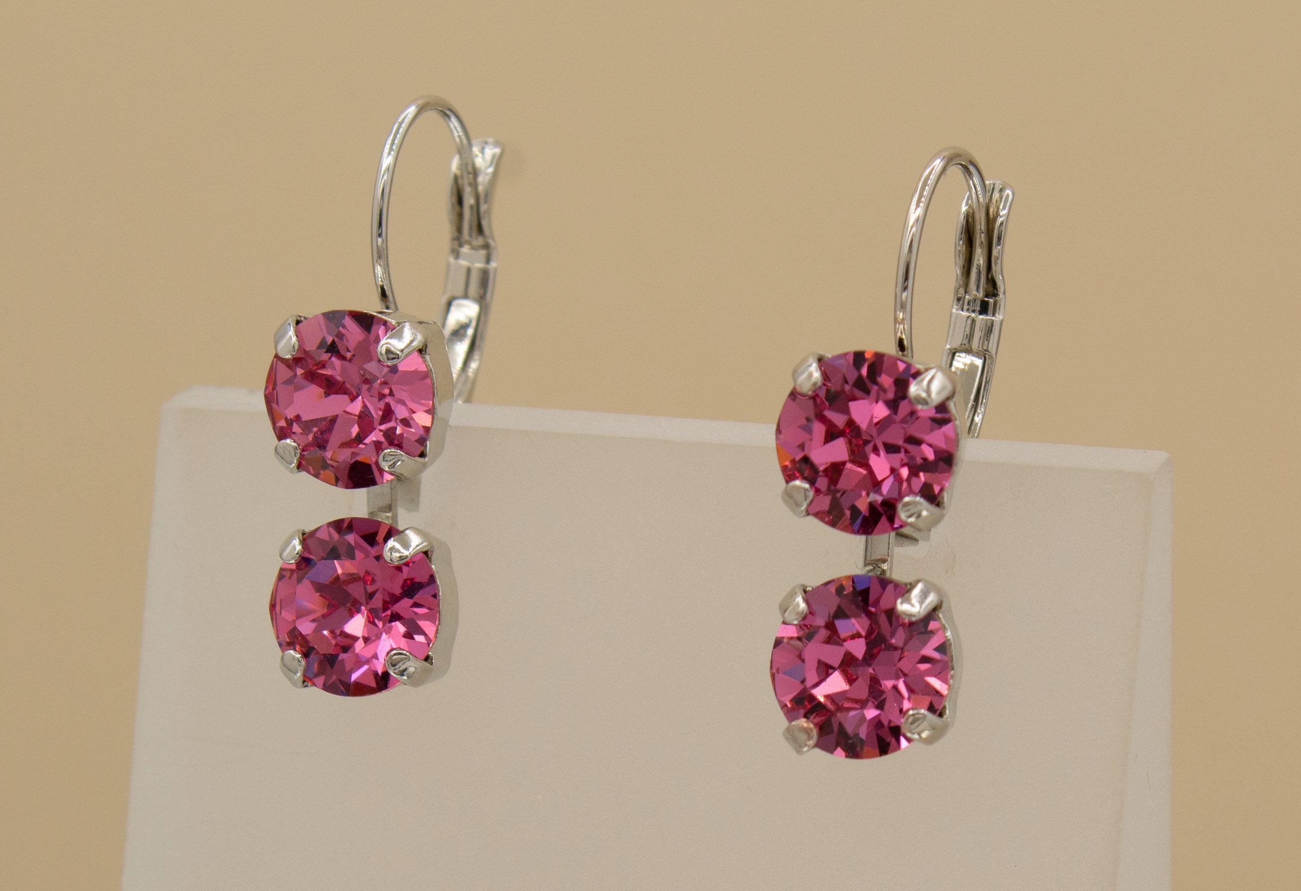 ROSE DOUBLE EARRING Drops, 8mm Austrian Crystals, Rhodium Setting ...