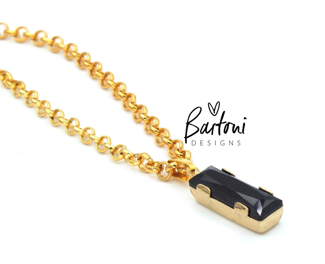 50% OFF**** JET Black Rectangle Drop Pendant Necklace, Adjustable Rolo ...