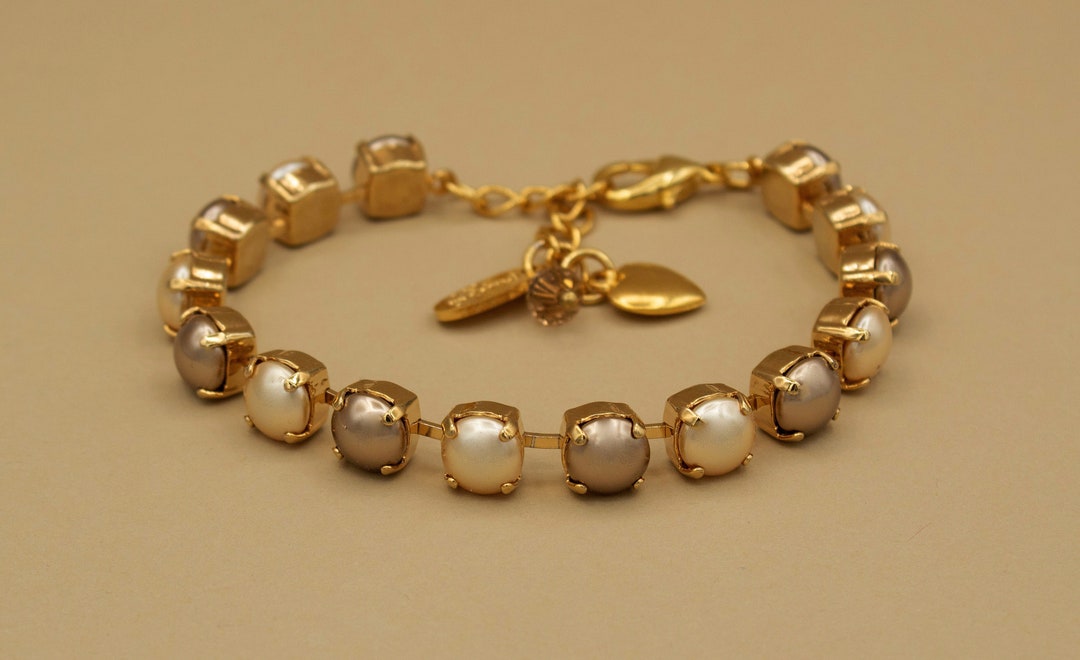 BRONZE and Light GOLD PEARL Bracelet, 8mm Austrian Crystals, Adjustable ...