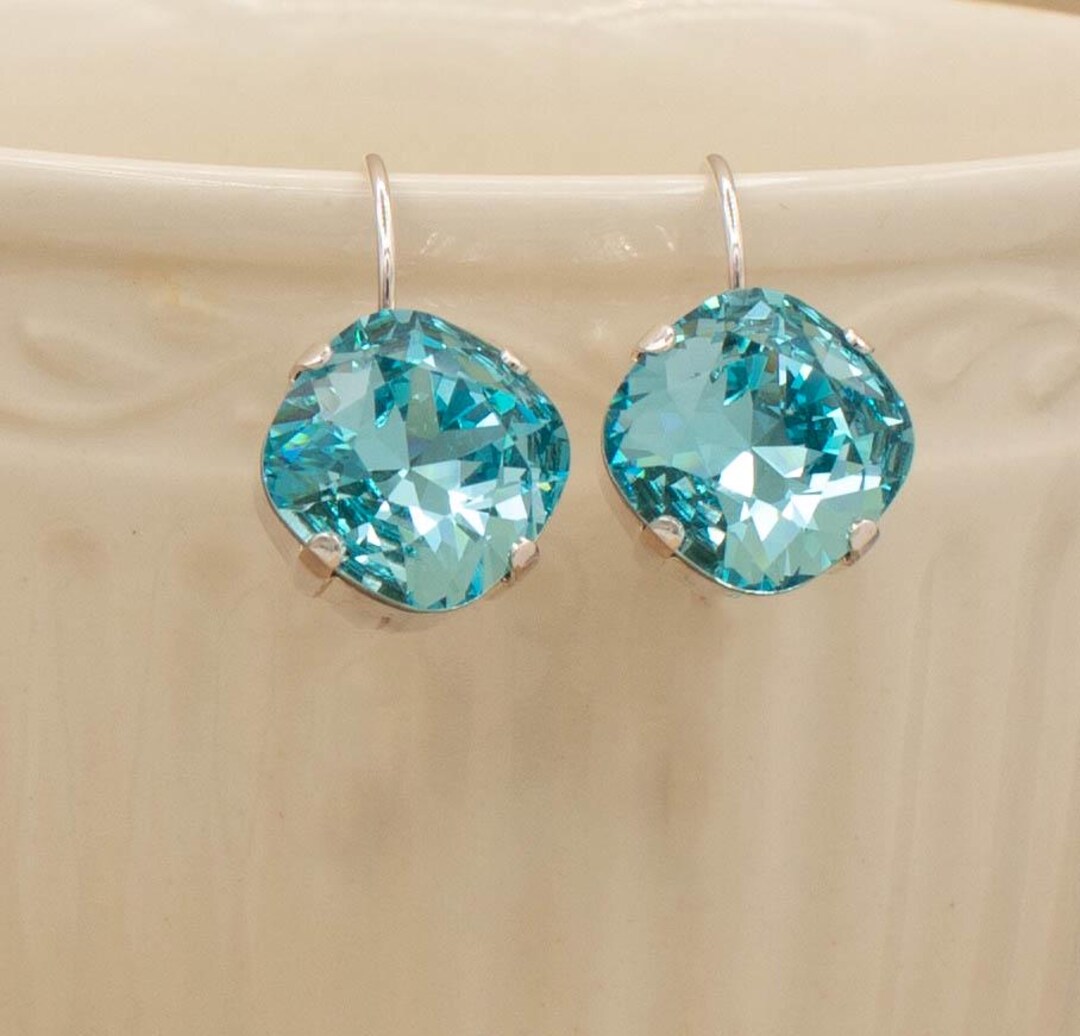 Light Turquoise Crystal Drop Earrings: Lever Backs, 12mm Cushion Cut ...