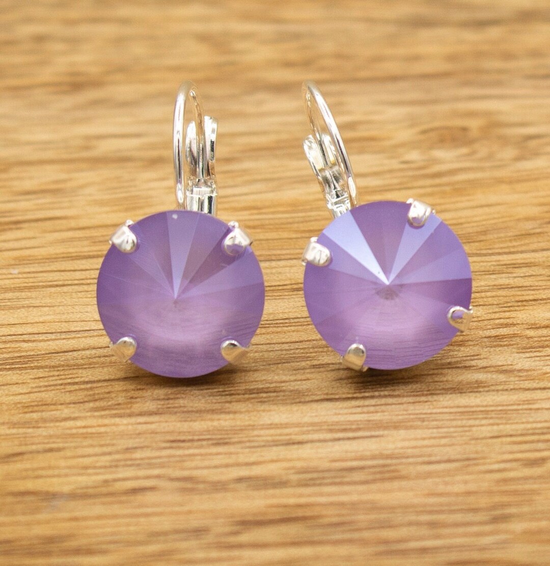 New LILAC EARRING DROPS, 12MM Austrian Crystals, Shiny Silver Setting ...