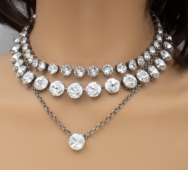 Austrian 12mm Crystal Necklace: Antique Silver Adjustable Clear Crystal ...