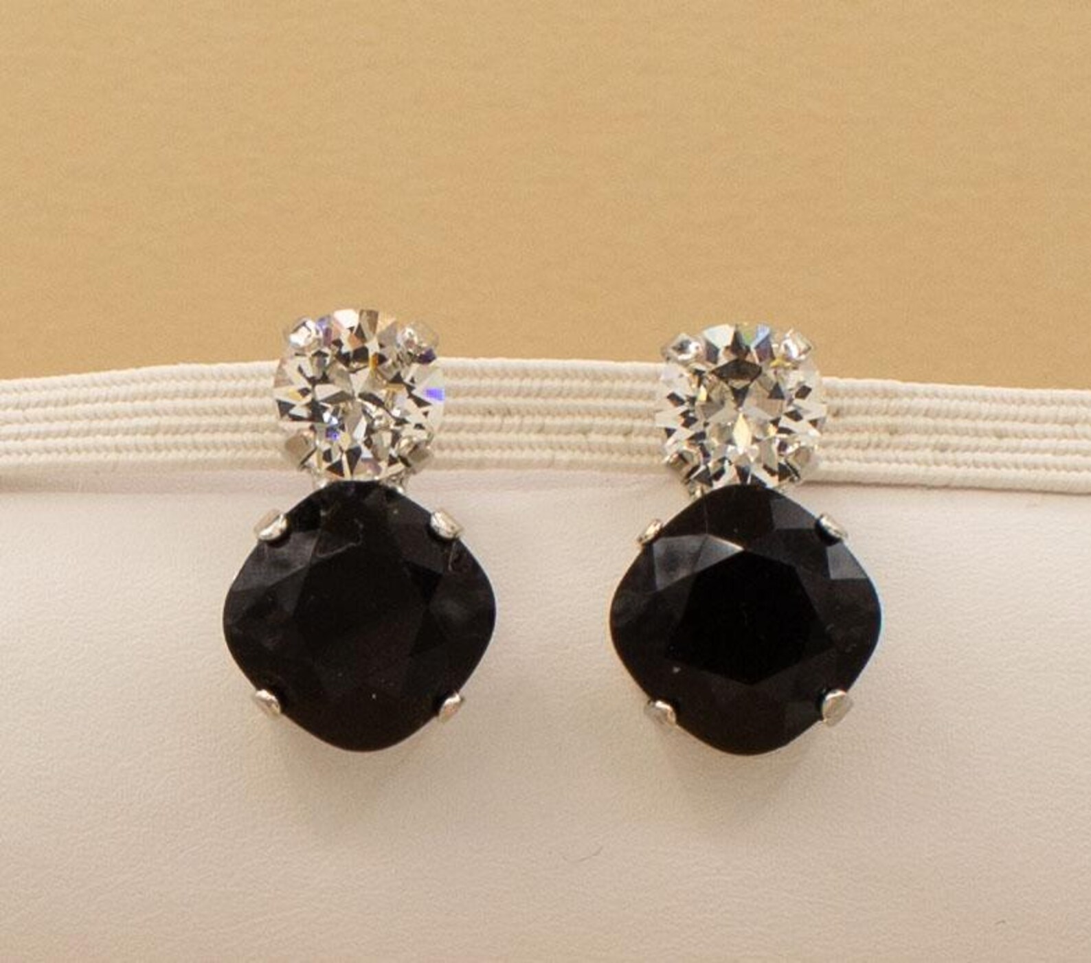 Jet Black & Clear Earring Drops, Cushion Cut Square, Studs/posts, 12MM ...
