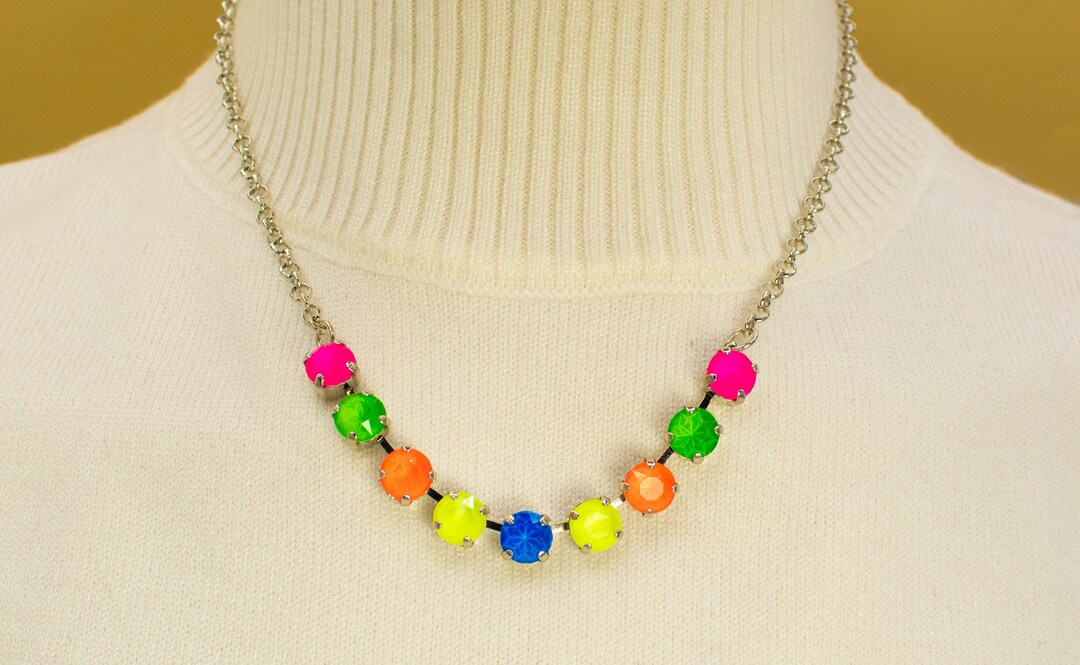 New RAINBOW Electric NEON NECKLACE, 8MM Genuine Crystals, Adjustable ...