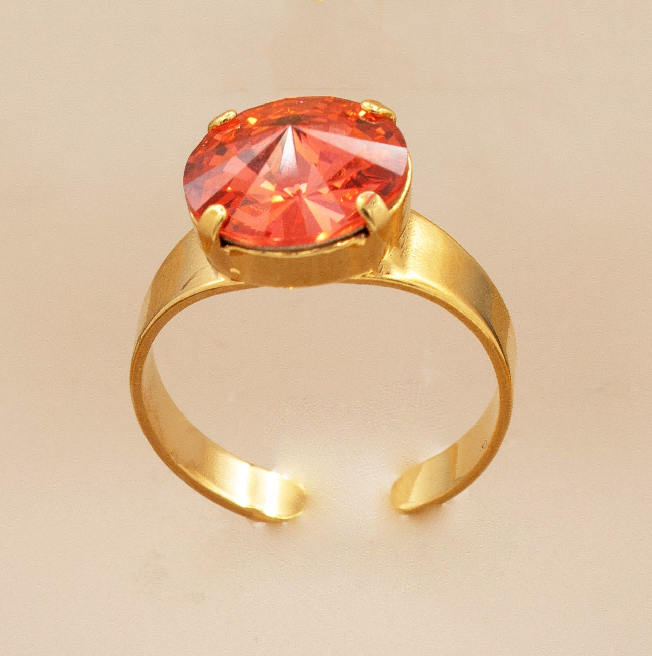 Padparadscha 12mm Crystal Ring: Adjustable Yellow Gold Cocktail Ring - Etsy