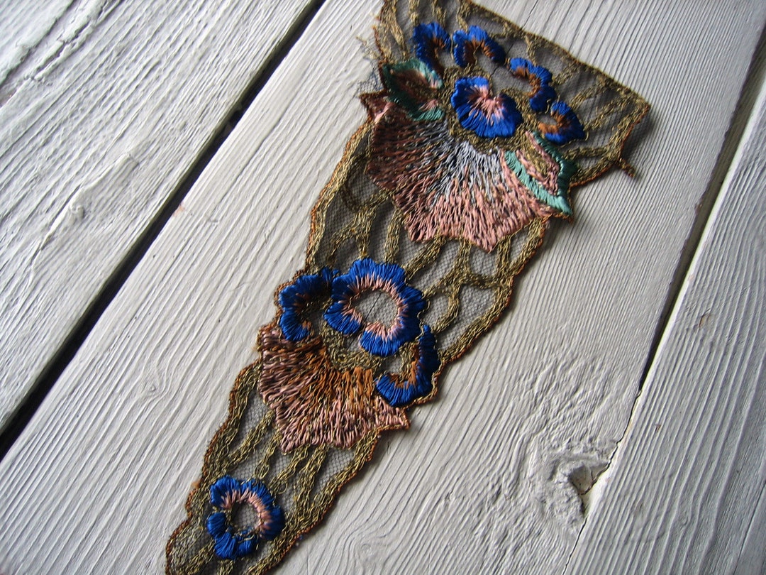 One Large Antique Applique With Floss and Metallic Thread Accents on ...
