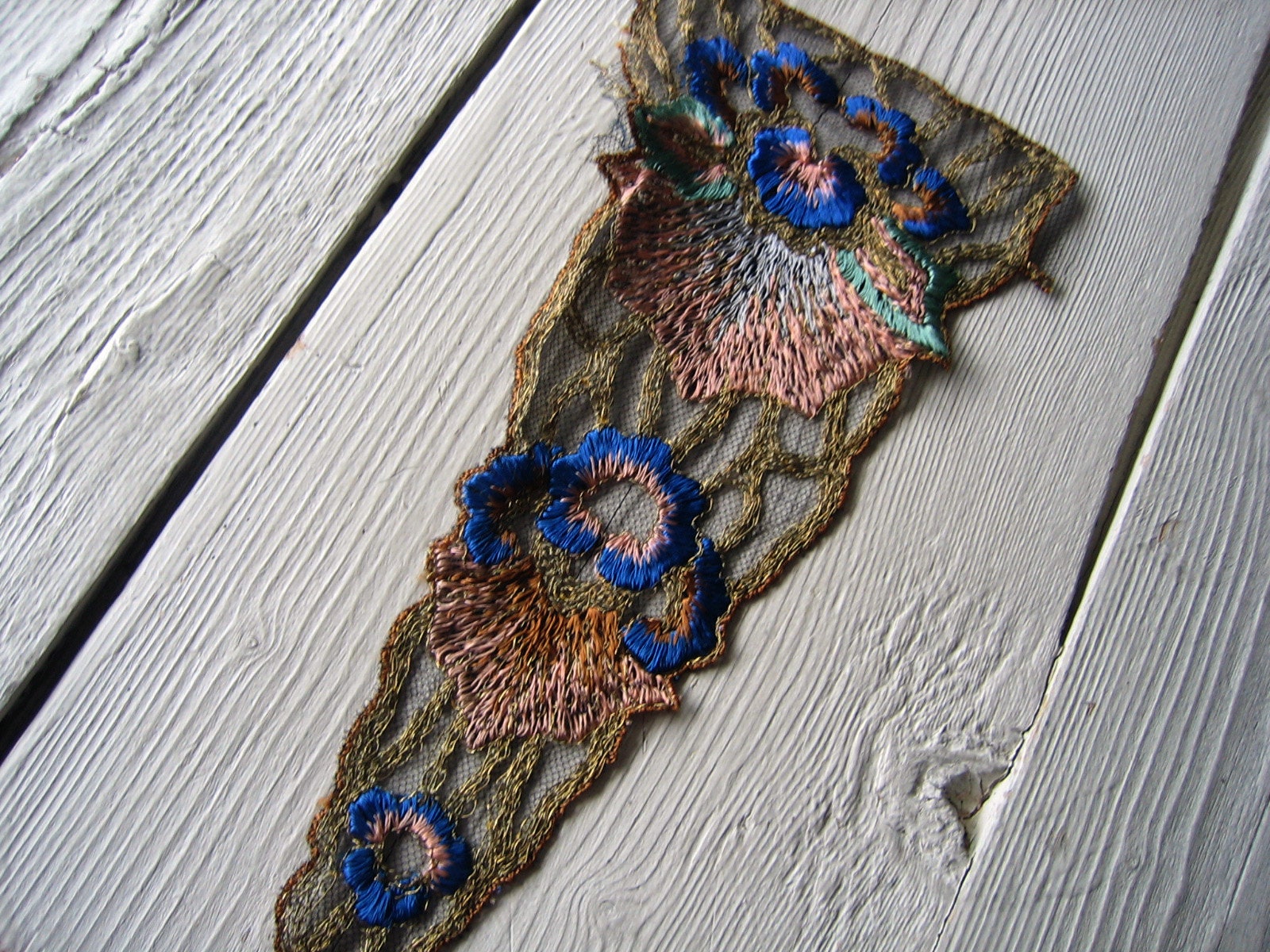 One Large Antique Applique With Floss and Metallic Thread Accents on ...