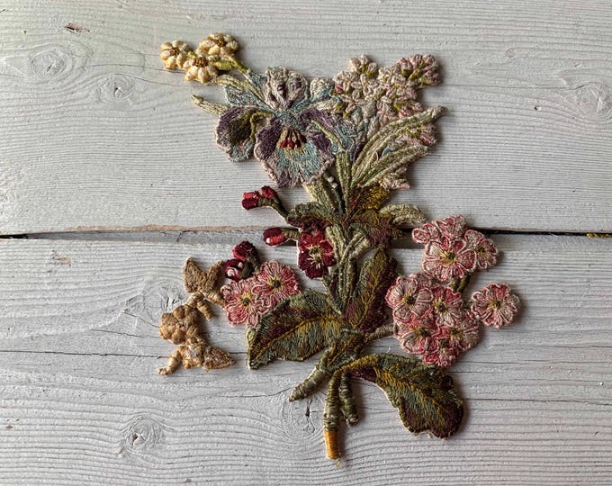 One Victorian Floral Embroidered Textile Applique Fragment - See Item ...