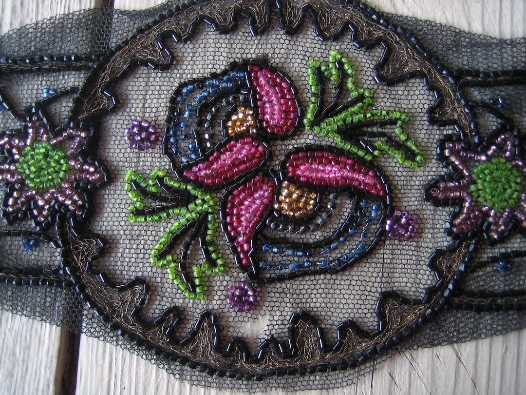 Large Antique Beaded Applique With Metallic Thread Accents (ref: A-5992 ...