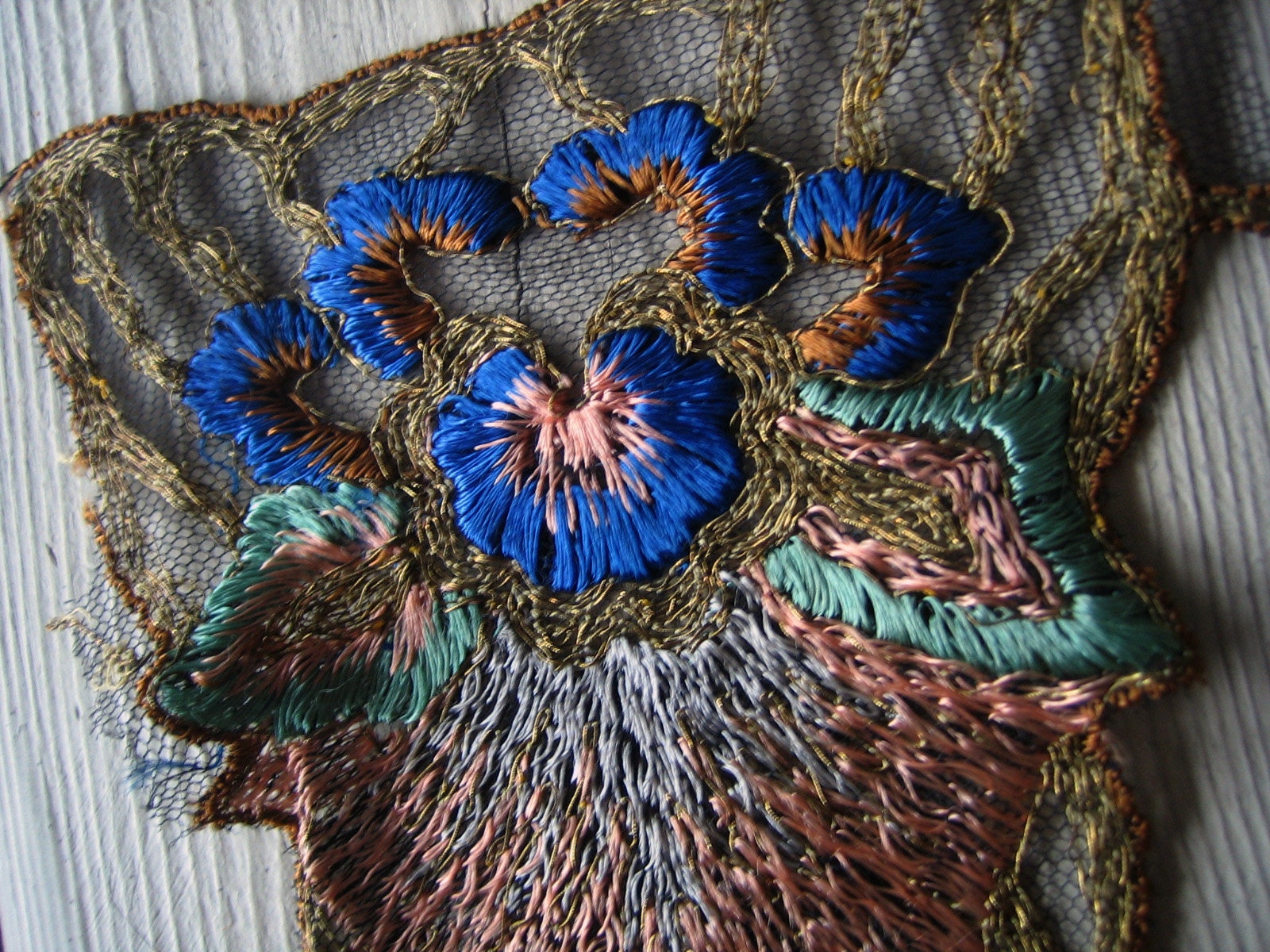 One Large Antique Applique With Floss and Metallic Thread Accents on ...