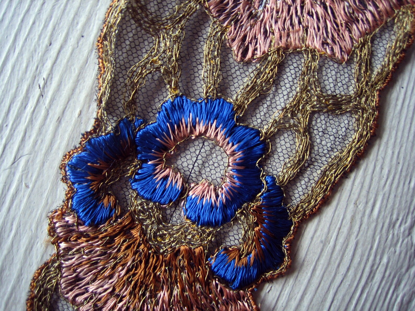 One Large Antique Applique With Floss and Metallic Thread Accents on ...