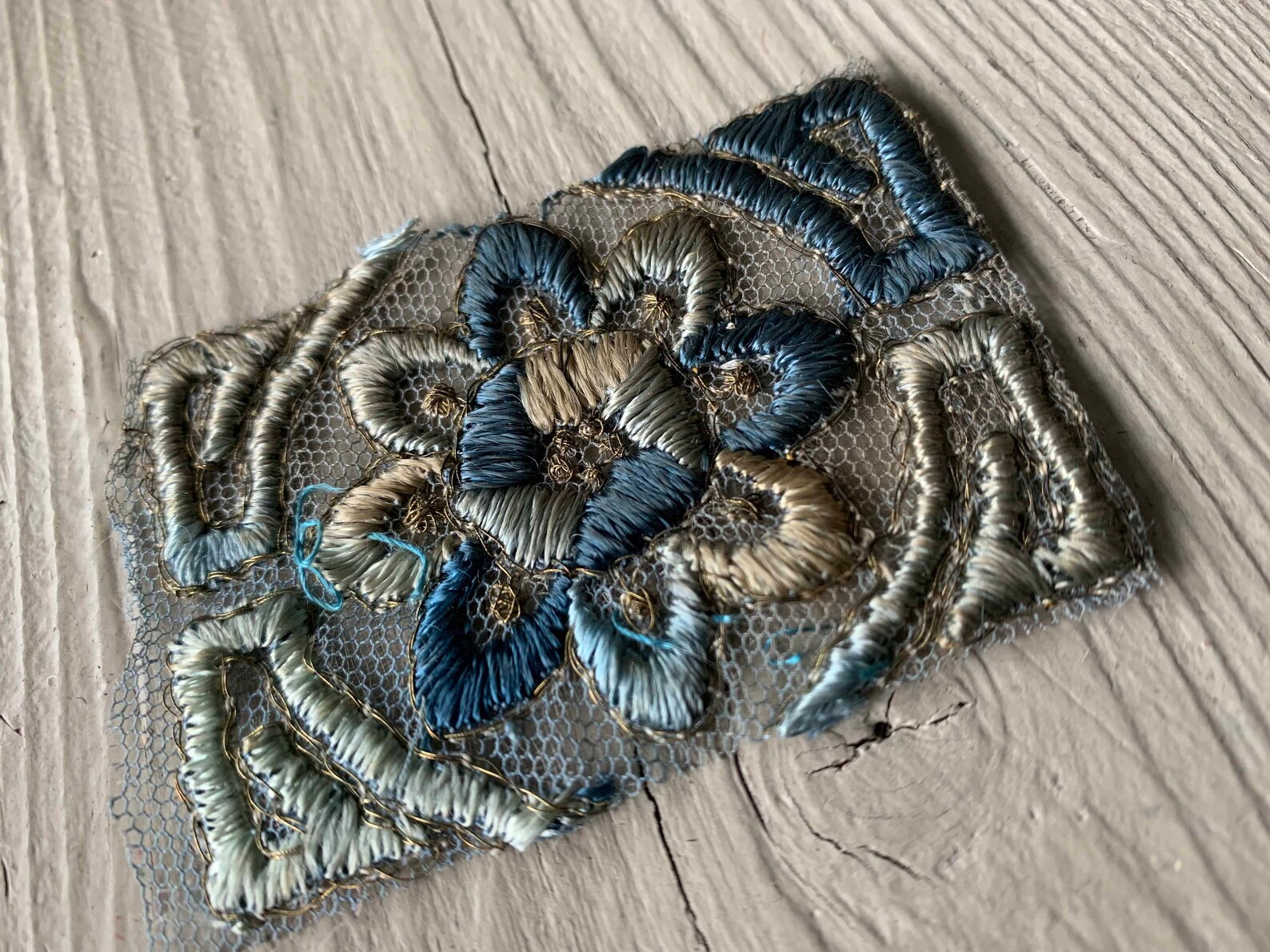 One Antique Embroidered Applique Fragment With Metallic Thread ...