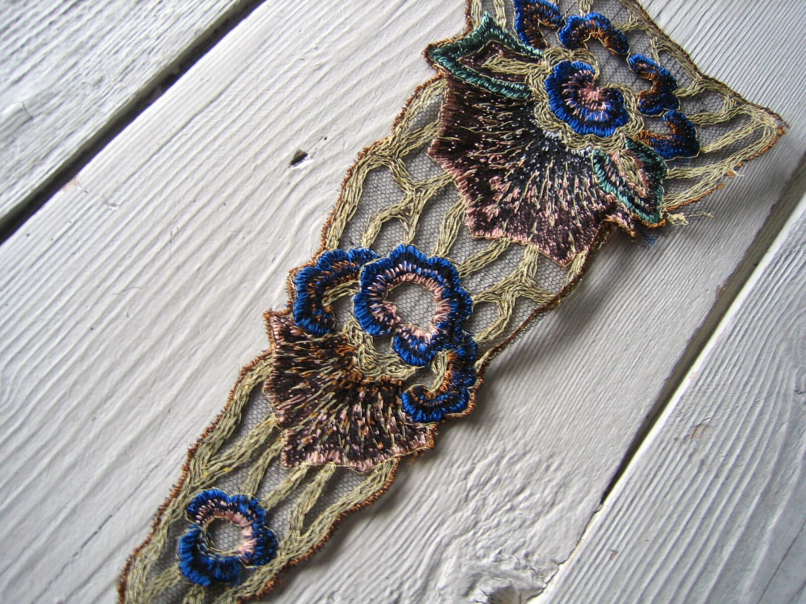 One Large Antique Applique With Floss and Metallic Thread Accents on ...