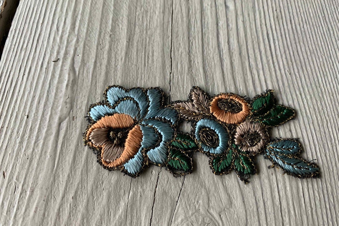 One Antique Embroidered Applique With Metallic Thread Embroidered ...