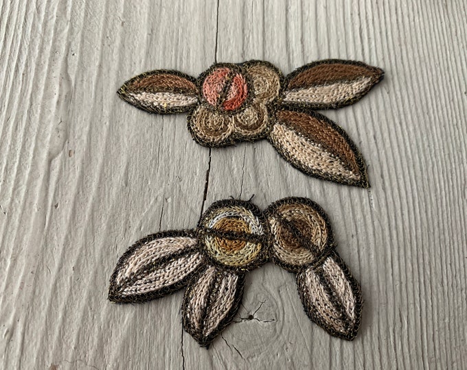 Two Small Antique Embroidered Applique With Metallic Thread Outline ...