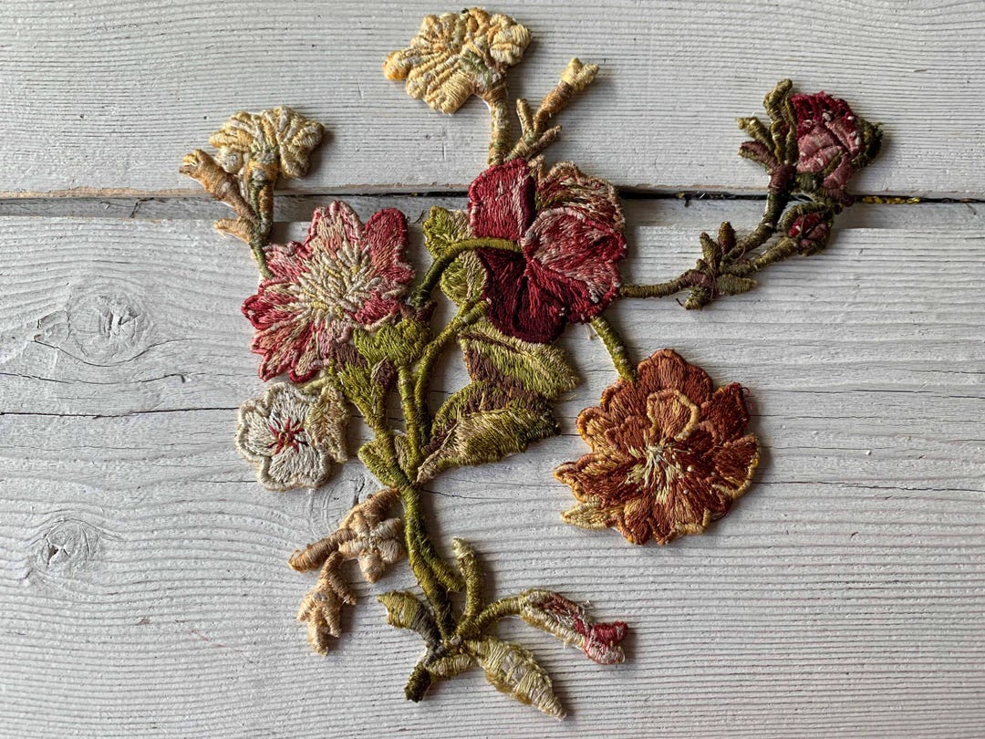 One Victorian Floral Embroidered Textile Applique Fragment See Item ...
