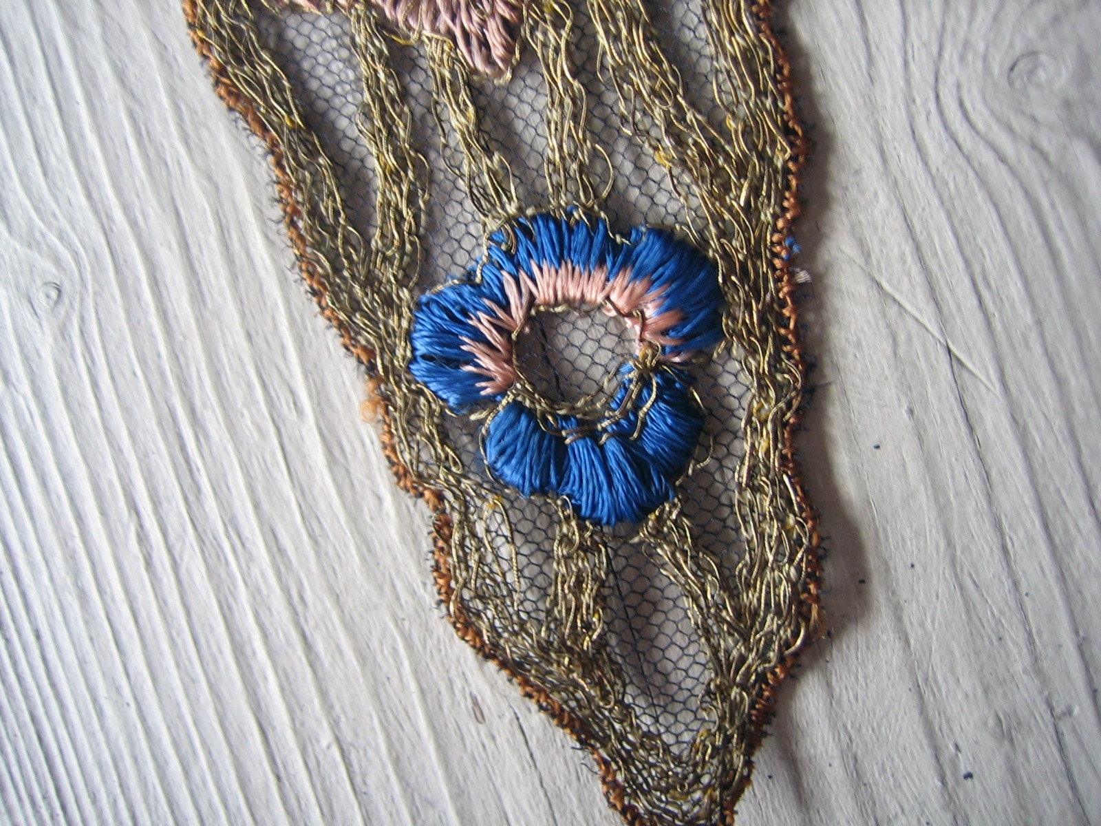 One Large Antique Applique With Floss and Metallic Thread Accents on ...
